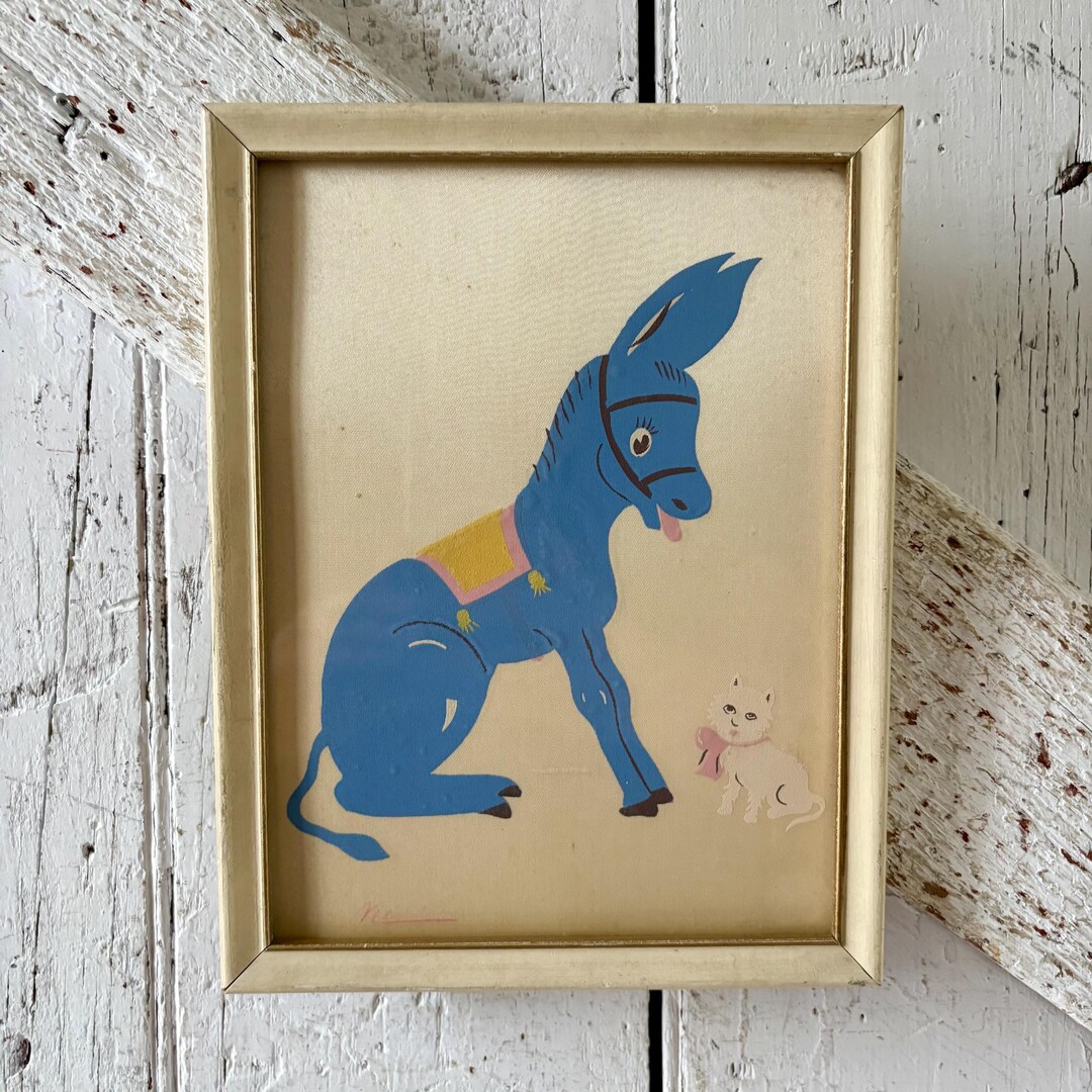 Print Blue Sitting Donkey With White Kitten in White Wood Vintage Frame ...