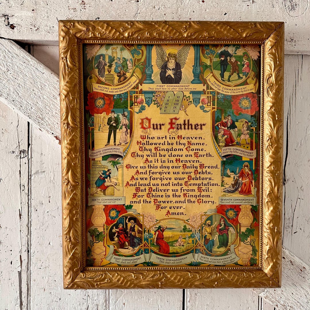 Antique Our Father and Ten Commandments Lithograph in Ornate Gold Wood ...