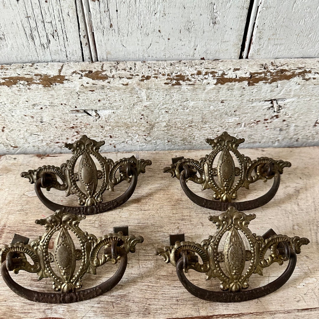 Antique Drawer Pulls Set of Four Stamped Brass Victorian Handles ...