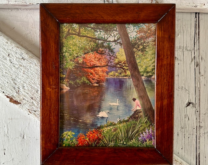 Antique Wood Frame With Litho Print Lake Trees Swans Restful Waters 7 X ...