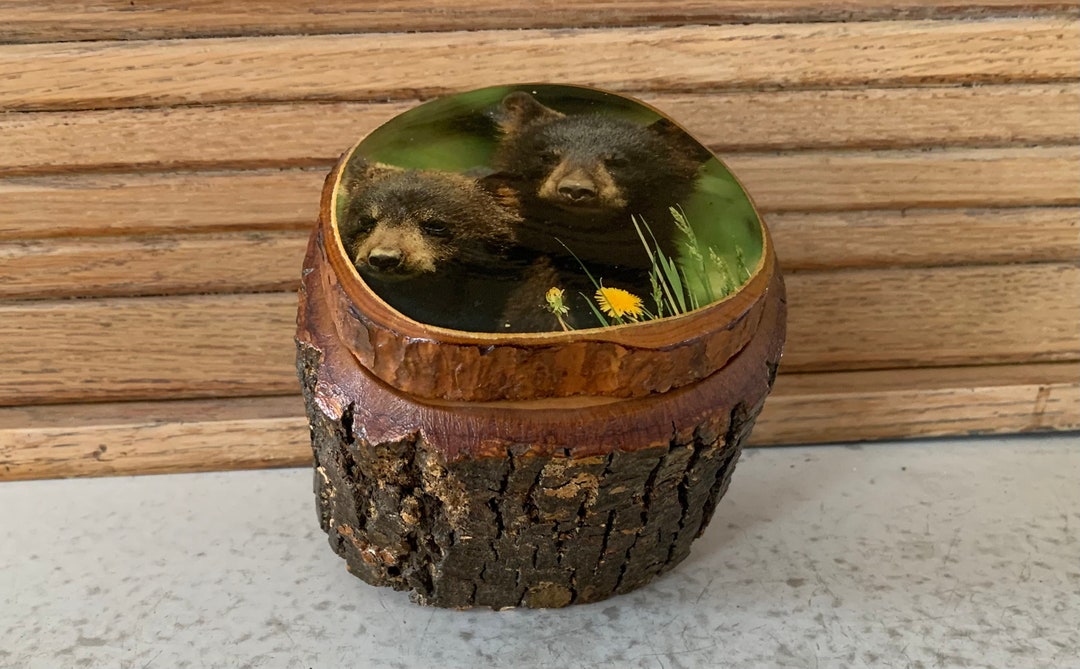 Wood Box Live Edge Tree Box With Bear Decoupage Tree Trinket Container ...