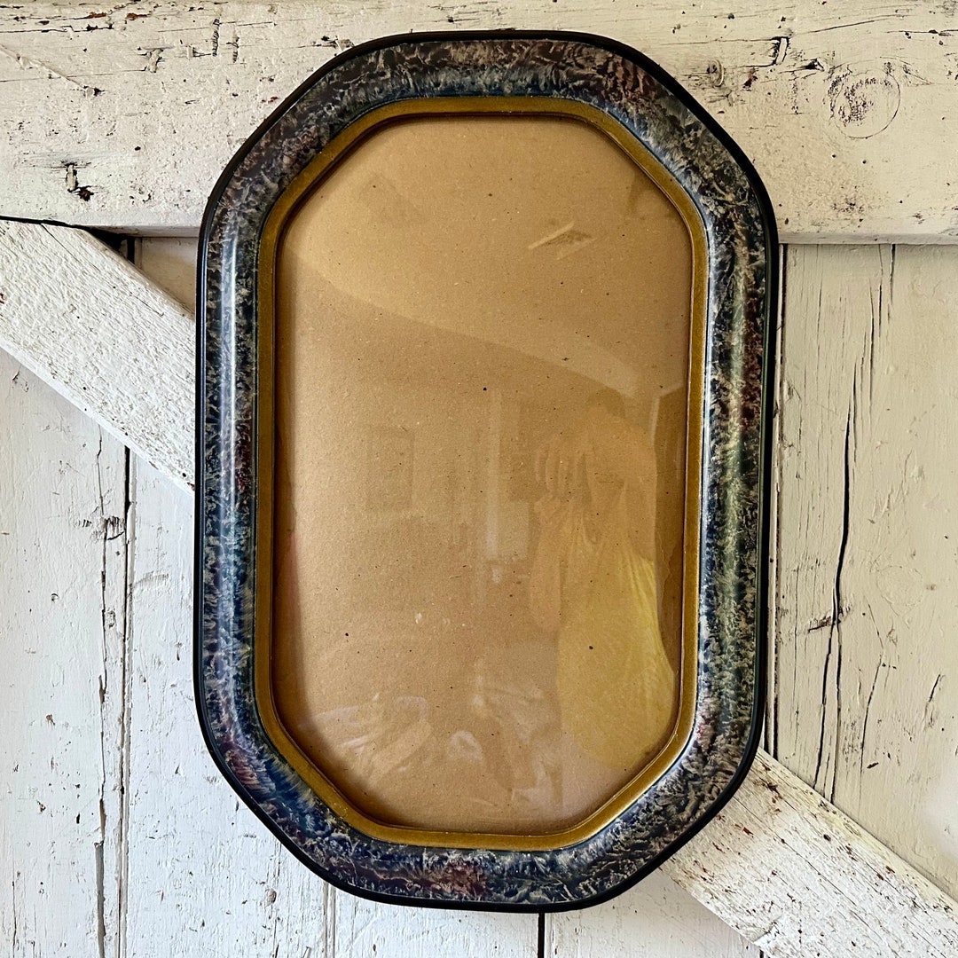 Antique Wood Frame Convex Glass Mottled Gray Octagon Shape 17.5 X 10.7 ...