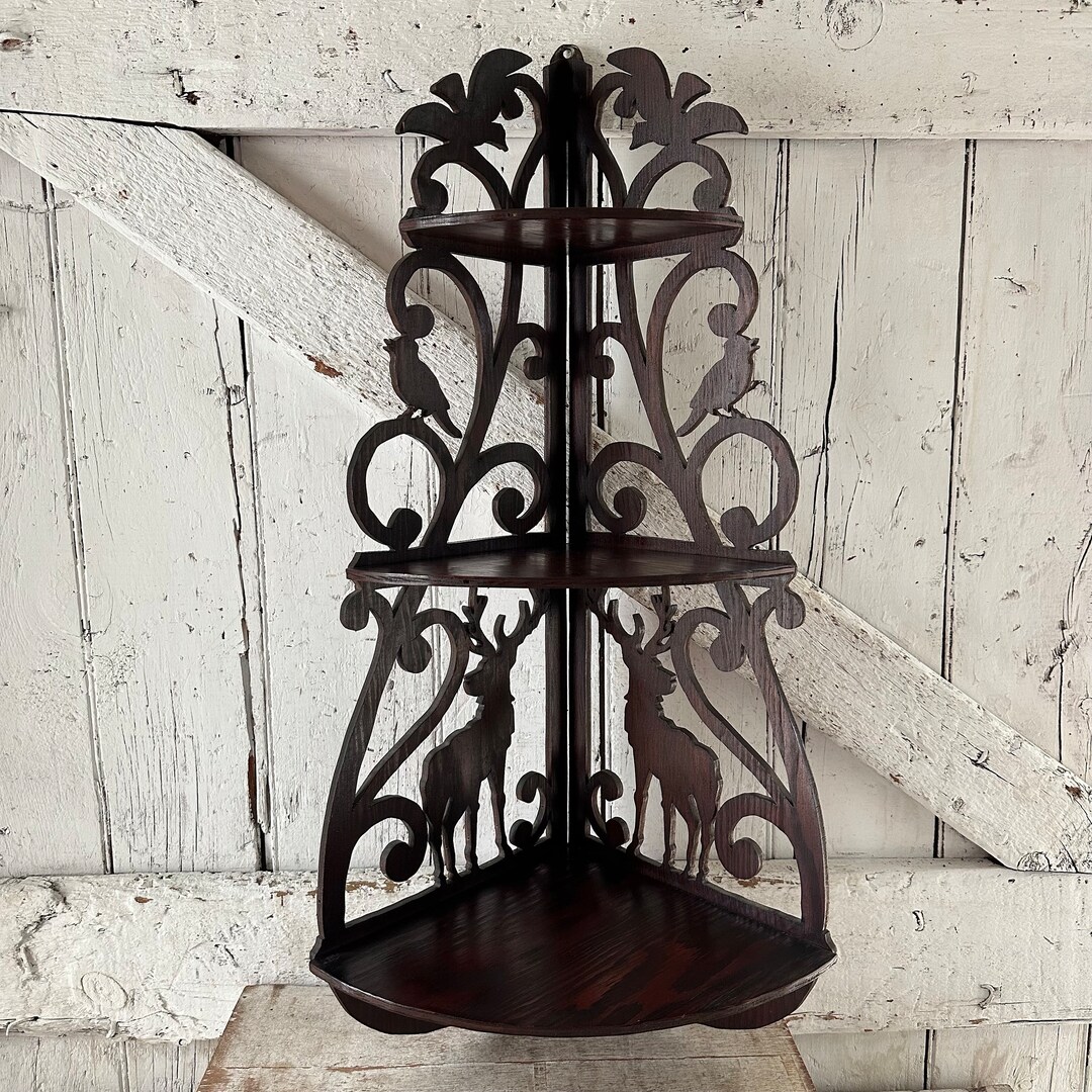 Antique Wood Corner Shelf Ornate Birds Deer Knick Knack Shelf Large ...