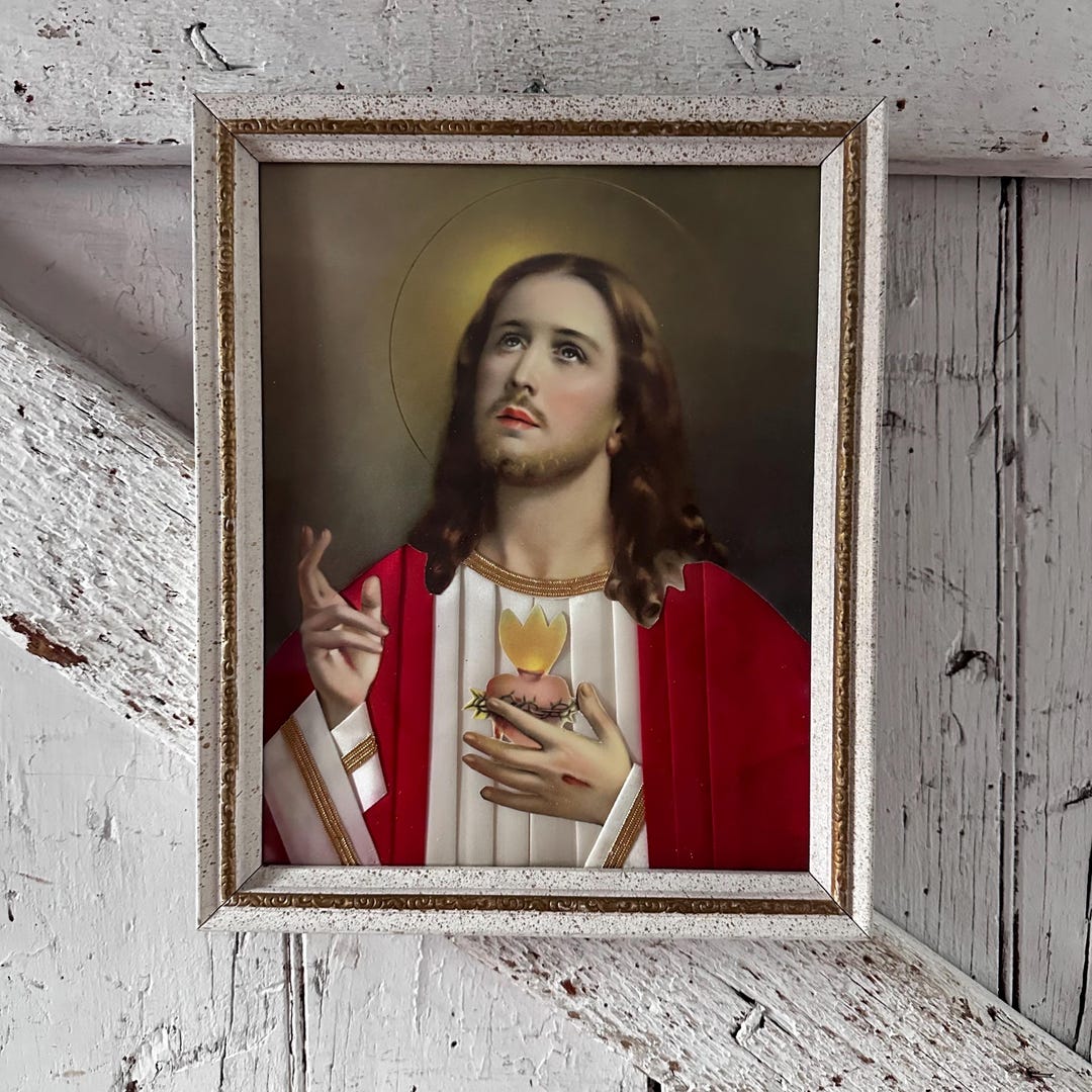 Framed Sacred Heart Christ Satin Fabric Robe Vintage Religious Home ...