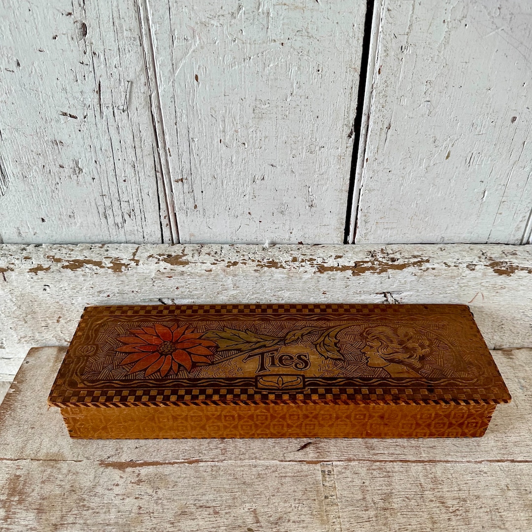 Antique Wood Tie Box With Flower Ladies Head Wood Burning Pyrography - Etsy