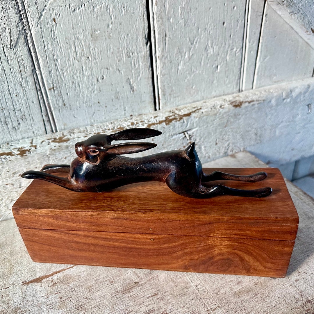 Bronze Rabbit Sculpture on Wood Box Global View Vintage Home Decor - Etsy