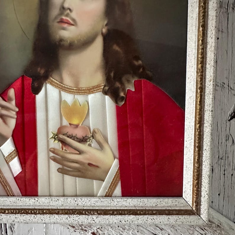 Framed Sacred Heart Christ Satin Fabric Robe Vintage Religious Home ...