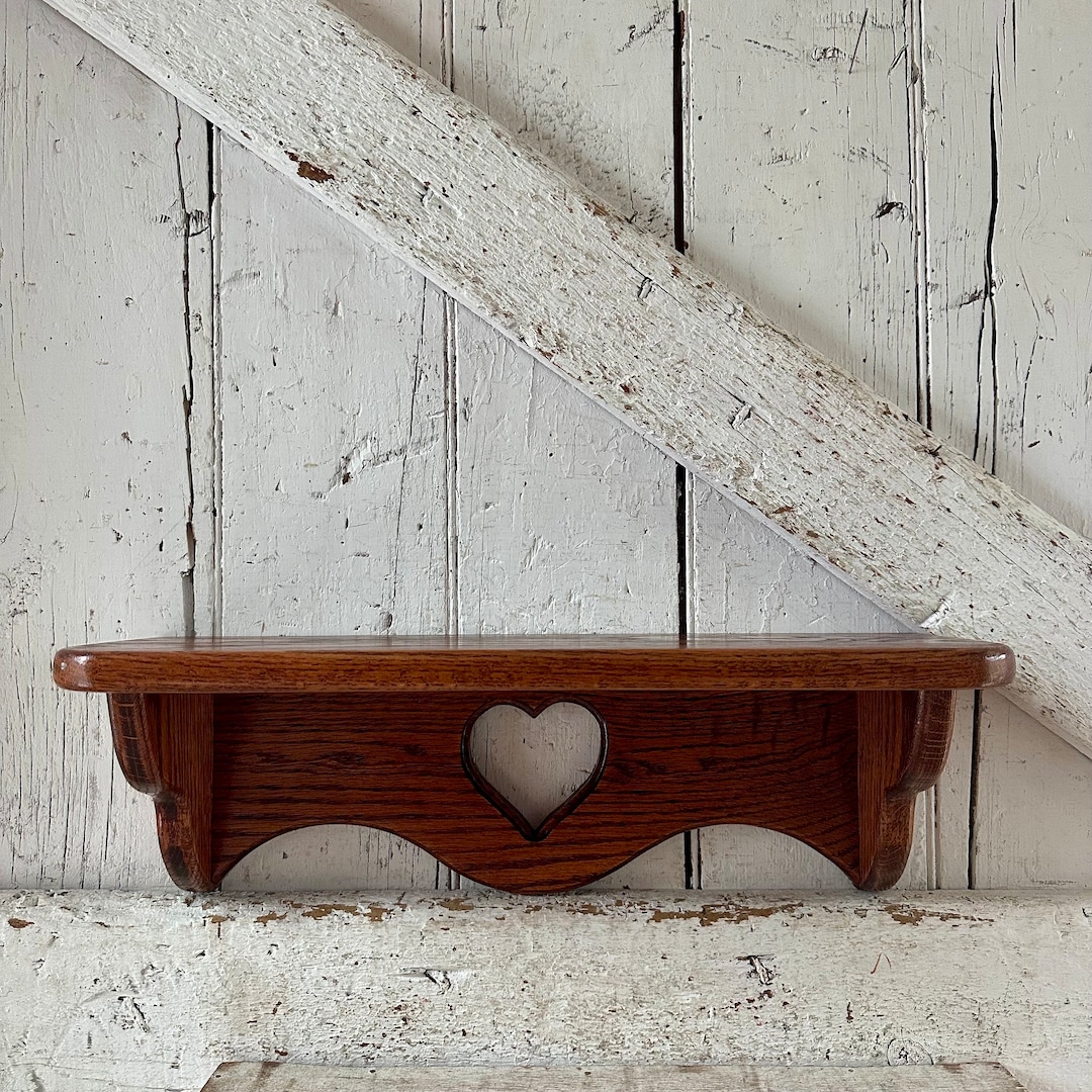 Wooden Wall Shelf With Heart Oak Wood Country Style Vintage Hanging ...