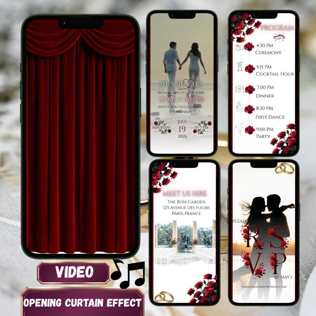 Red Roses Video Invitation With Opening Curtain , Wedding Video ...