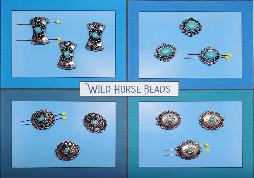 2 Hole Slider Bead - Concho, Silver Color and Faux Turquoise Color ...