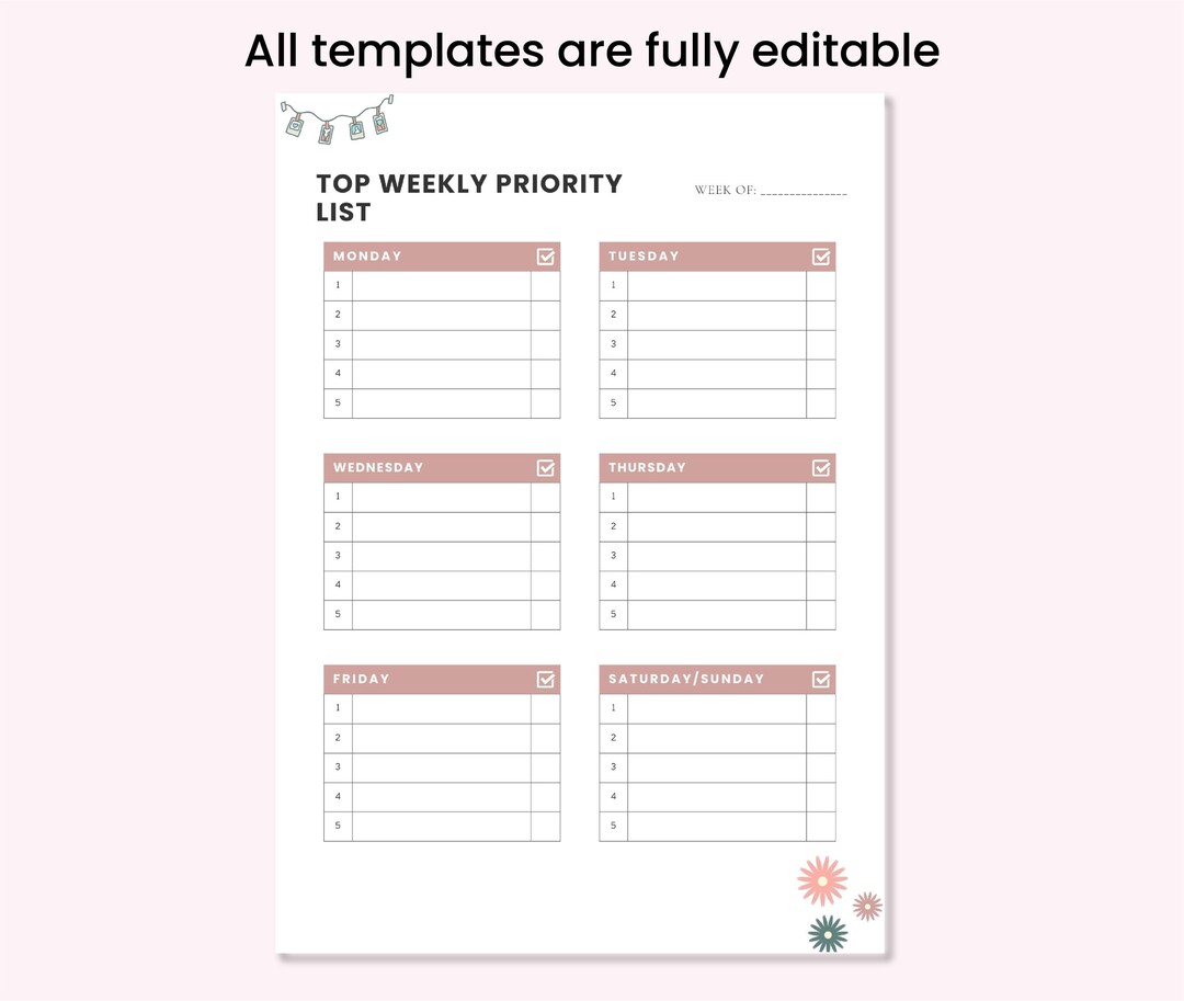Weekly Priority List Printable, Minimalist Weekly Planner Template ...