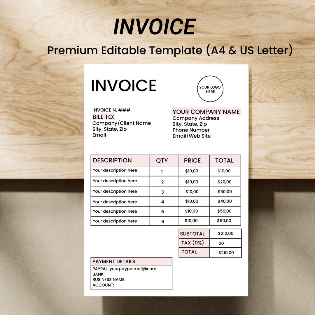 Editable Invoice Template | Printable Business Invoice | A4 & US Letter ...