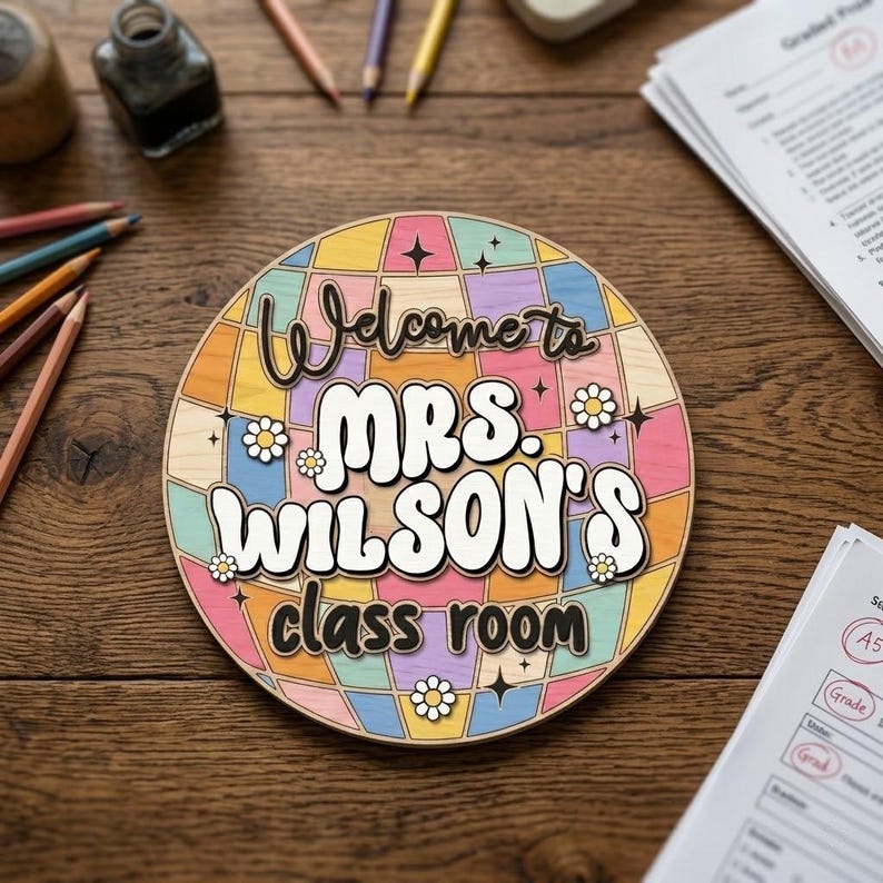 Personalized 3D Wood Disco Classroom Door Hanger, Retro Teacher Name ...