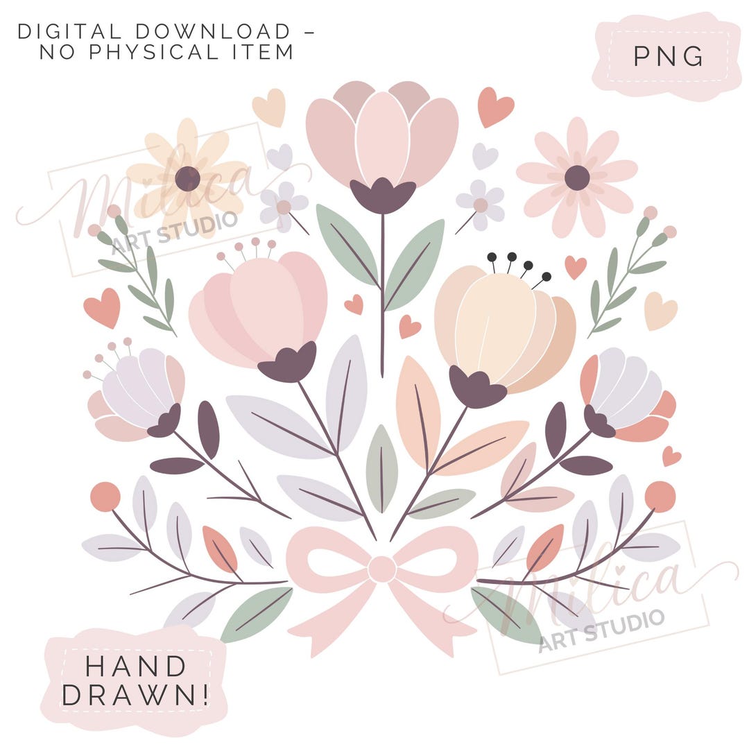 Spring Floral Bow PNG, Hand Drawn Cute Flowers Clipart, Pastel Boho ...