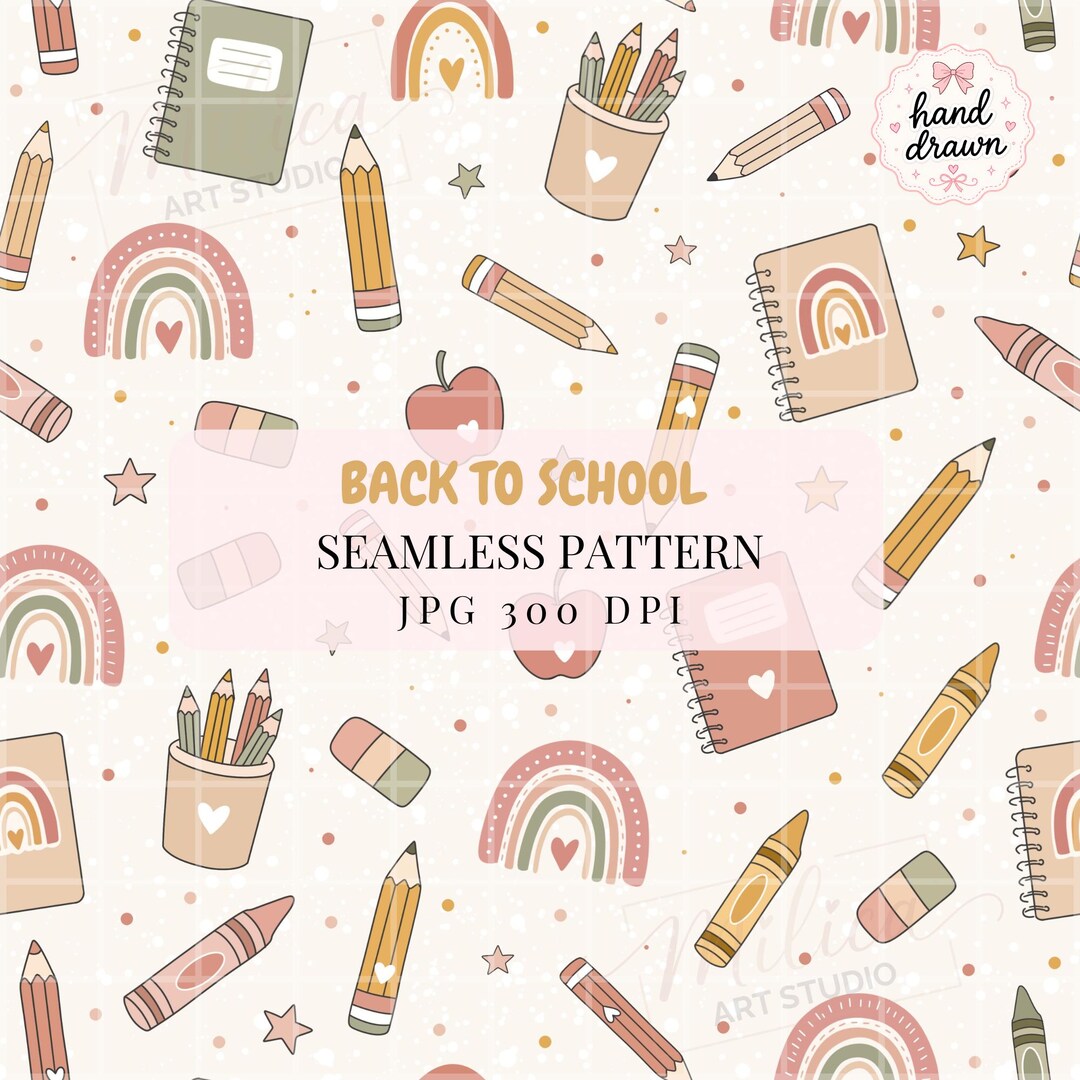 Back to School Seamless Pattern School Supplies Rainbow Pencil Notebook ...