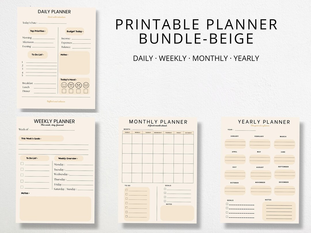 Beige Minimalist Planner Bundle | Daily, Weekly, Monthly (PDF, PNG) - Etsy