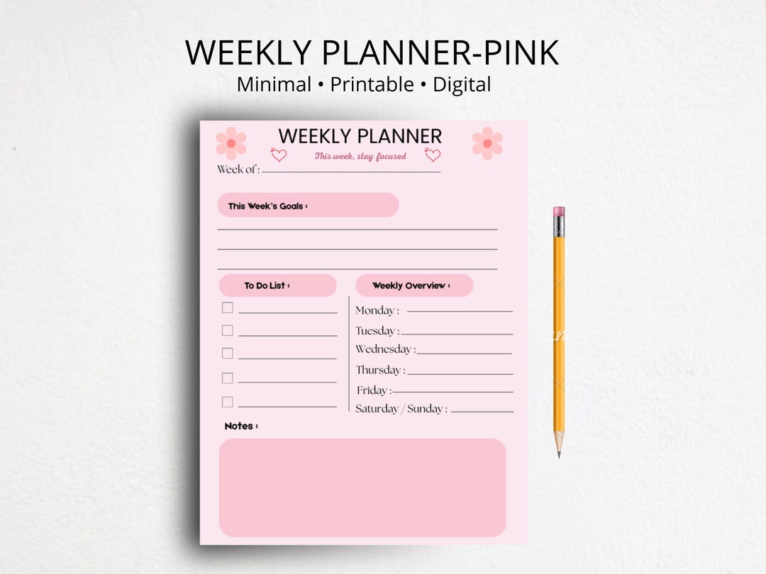 Pink Weekly Planner Printable | Minimalist Undated Design (A4/US Letter ...
