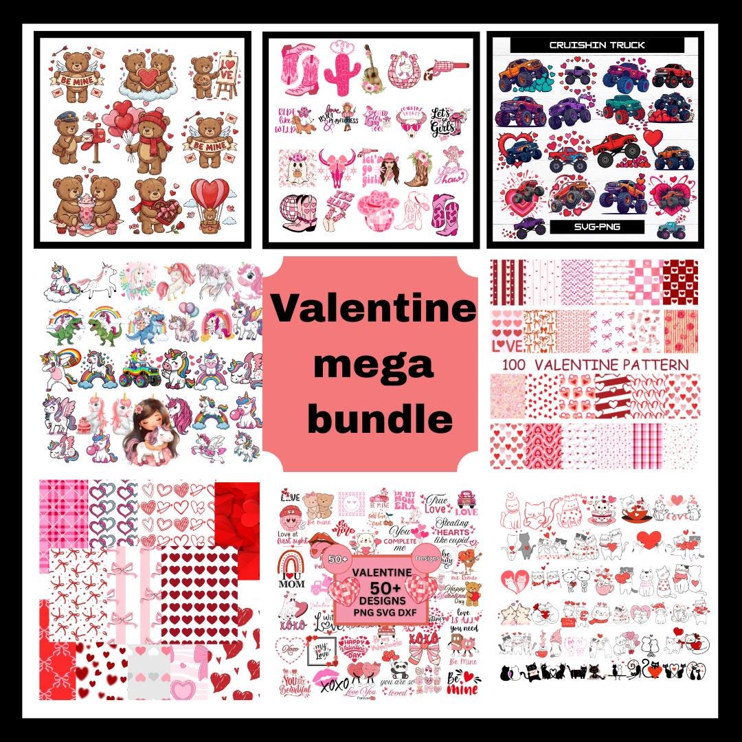 Valentine Mega PNG Bundle, Retro Clipart, Patterns (digital Download ...