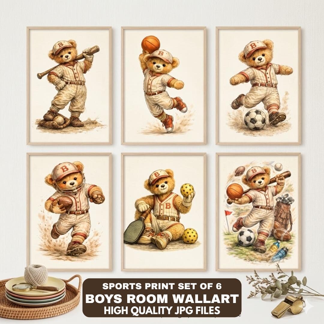 Teddy Bear Sports Prints, Set of 6 Watercolor Nursery Art (digital ...