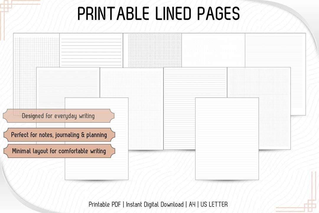 Printable Lined Writing Pages Minimal Digital Paper Notes Journaling A4 ...