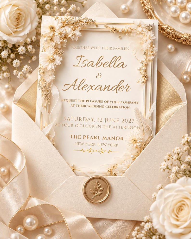 Ivory Gold Wedding Invitation Template, Editable Canva Wedding Invite ...
