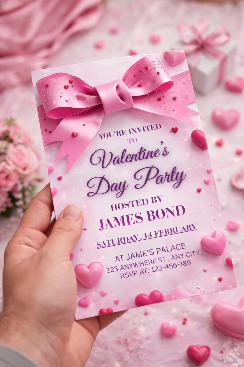 Romantic Valentine's Day Party Invitation Template | Pink Heart Bow ...