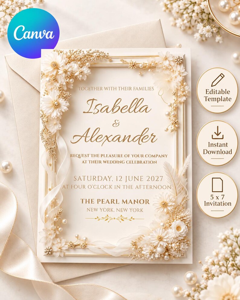 Ivory Gold Wedding Invitation Template, Editable Canva Wedding Invite ...