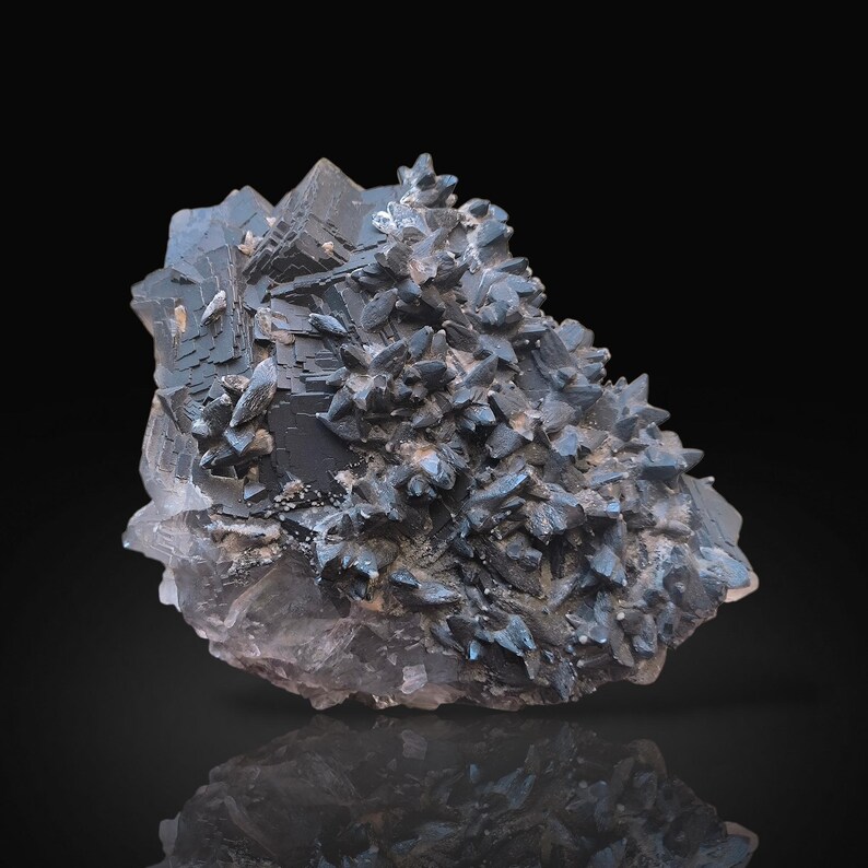 2.8kg Large Natural Black Cubic Fluorite With Calcite Crystals Cluster ...