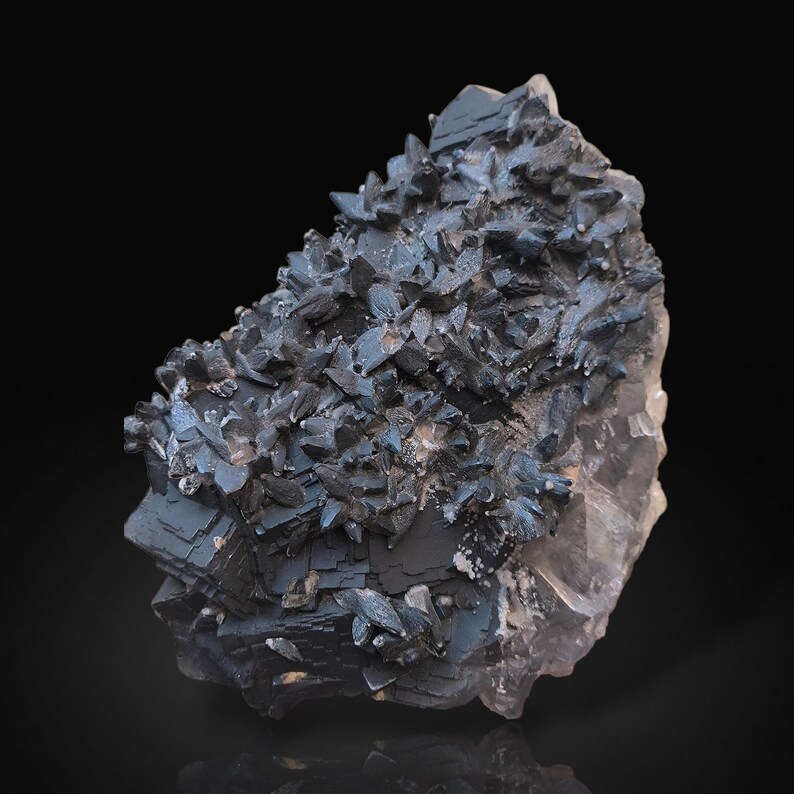 2.8kg Large Natural Black Cubic Fluorite With Calcite Crystals Cluster ...