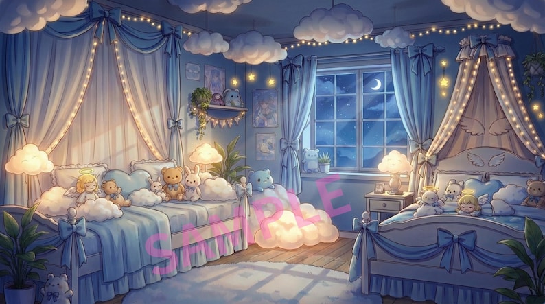 Pastel Blue Angel Room Vtuber Background, Anime Bedroom Stream Overlay ...