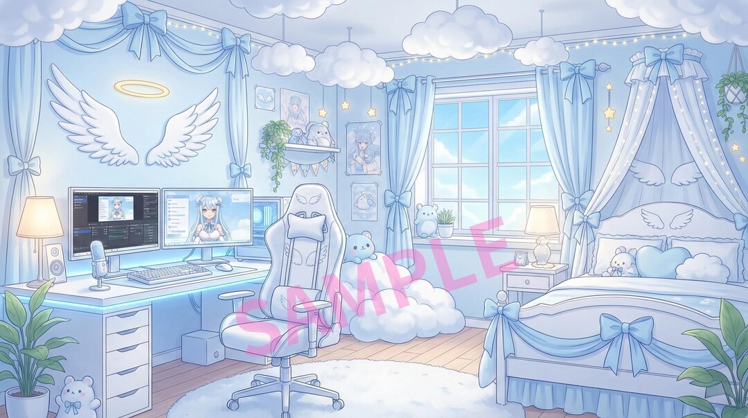 Pastel Blue Angel Room Vtuber Background, Anime Bedroom Stream Overlay ...