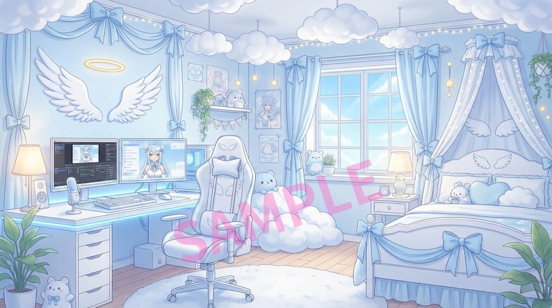 Pastel Blue Angel Room Vtuber Background, Anime Bedroom Stream Overlay ...