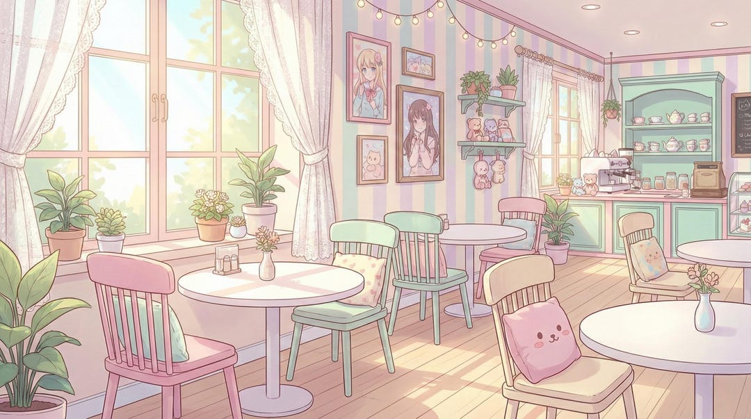 Kawaii Maid Cafe Vtuber Background: Pastel Anime Bakery Stream Overlay ...