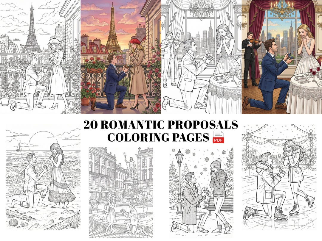 20 Romantic Proposals Coloring Pages - Adult Coloring Book, Intricate ...