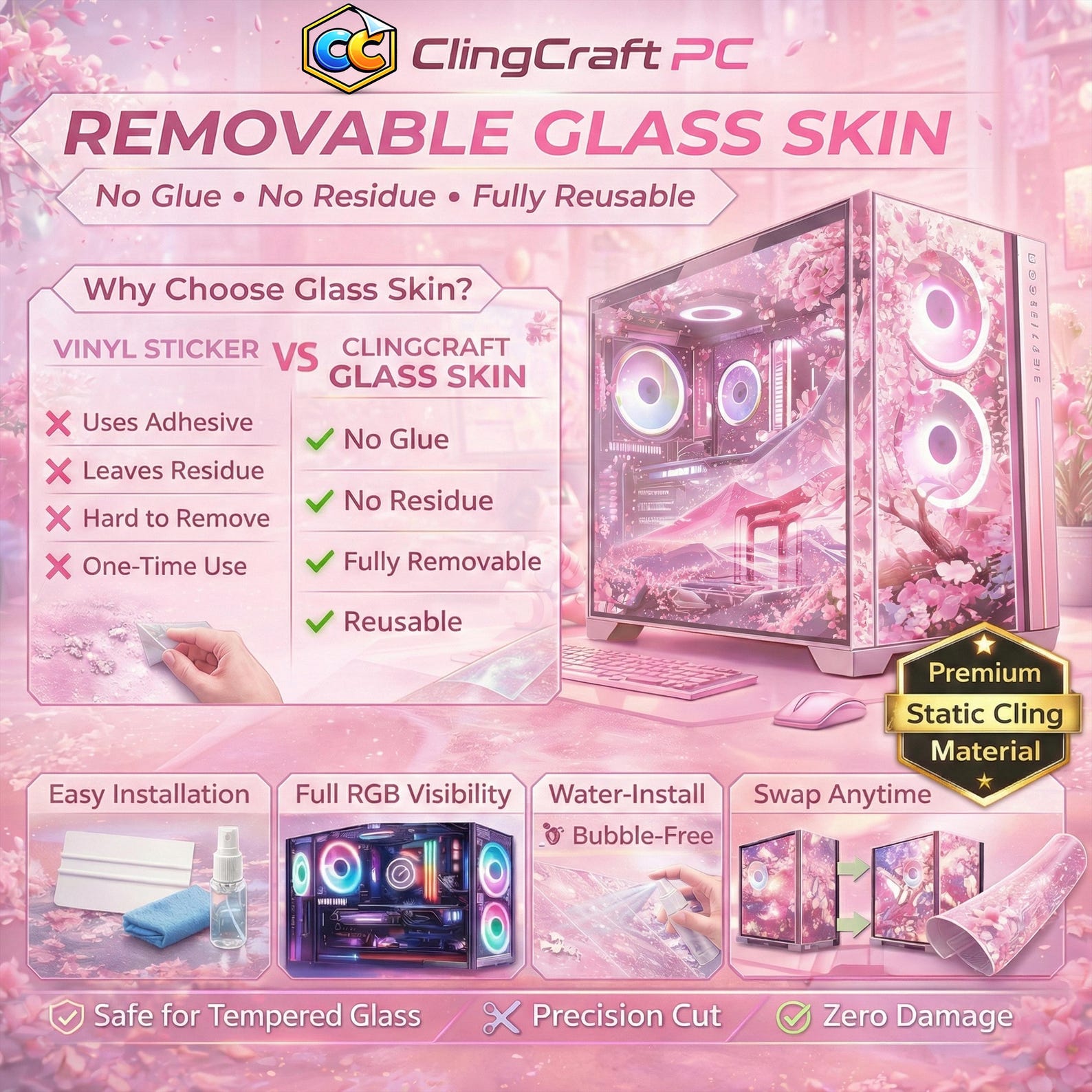 Cyber Sakura PC Case Skin | Cherry Blossom Static Cling for Glass Panel ...