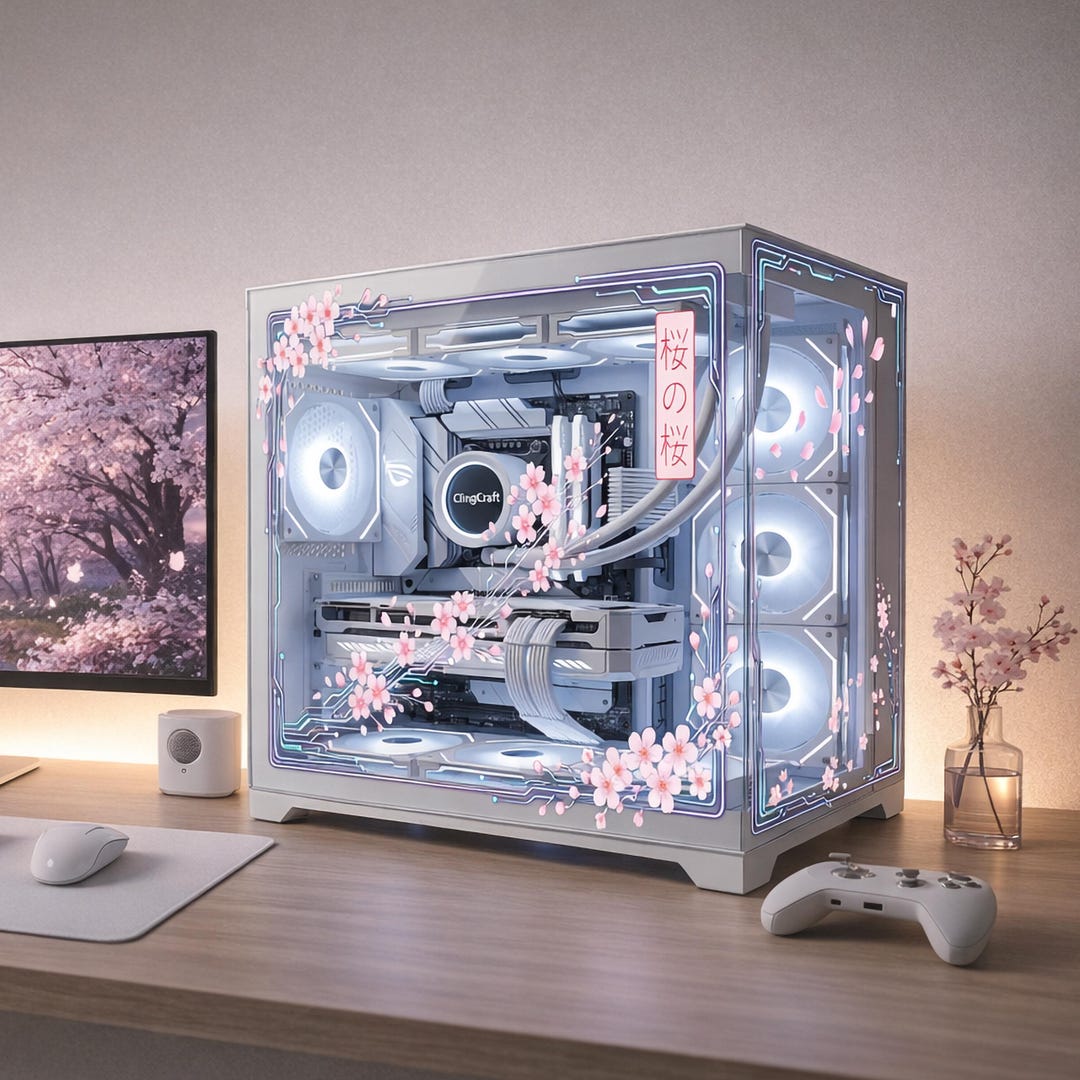 Cyber Sakura PC Case Skin | Cherry Blossom Static Cling for Glass Panel ...