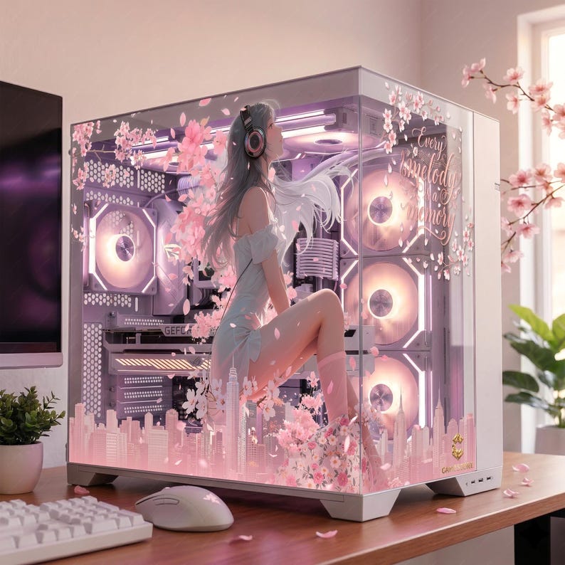 Sakura Pc Case Skin Anime Girl Pc Glass Panel Decal Pink Aesthetic