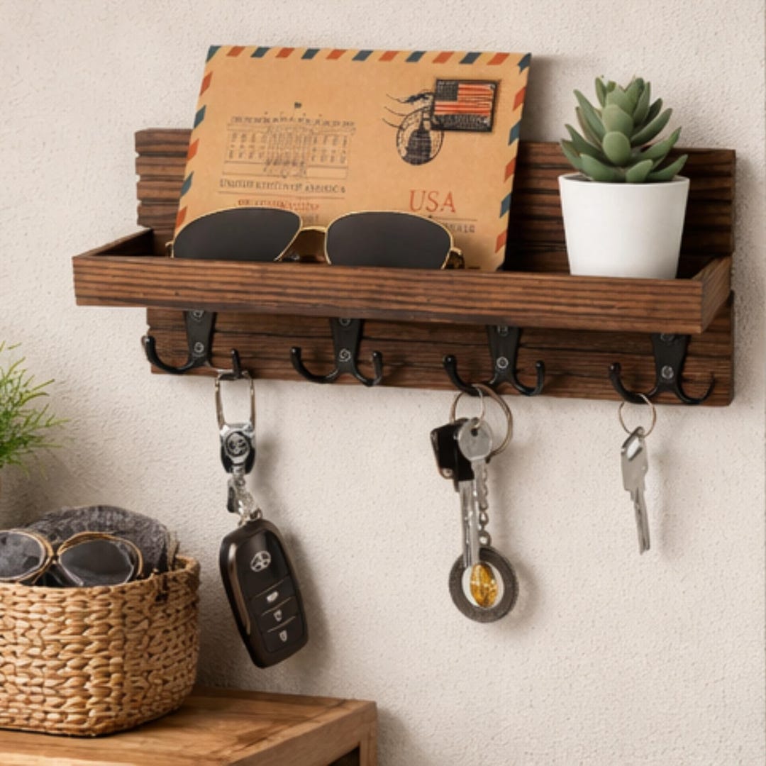 Wooden Key Holder for Entryway With Mail Organizer – Rustic Wall ...