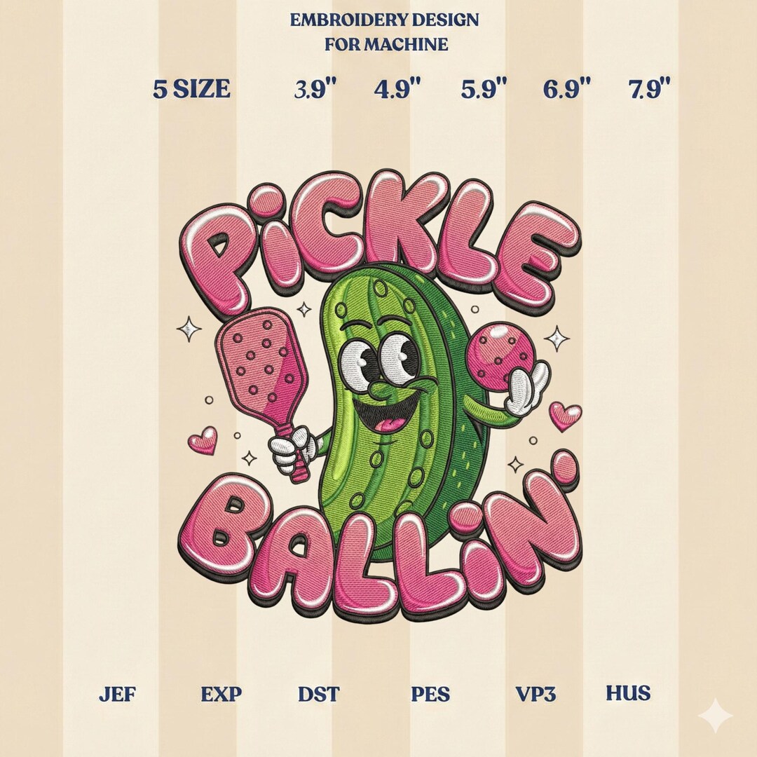 Pickle Ballin Embroidery Design, Funny Pickle Sports Pun, Cute Cartoon ...