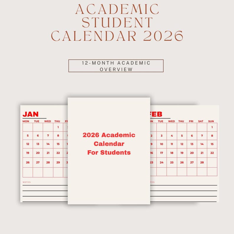 Academic Student Calendar 2026 Printable | Minimal Monthly Calendar ...