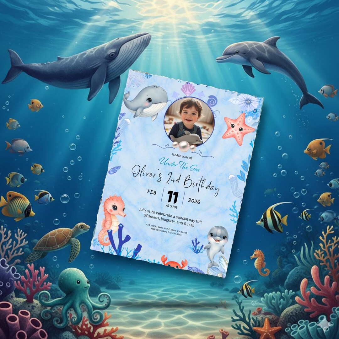 Sea Animals 2nd Birthday Invitation Template | Editable Canva Birthday ...
