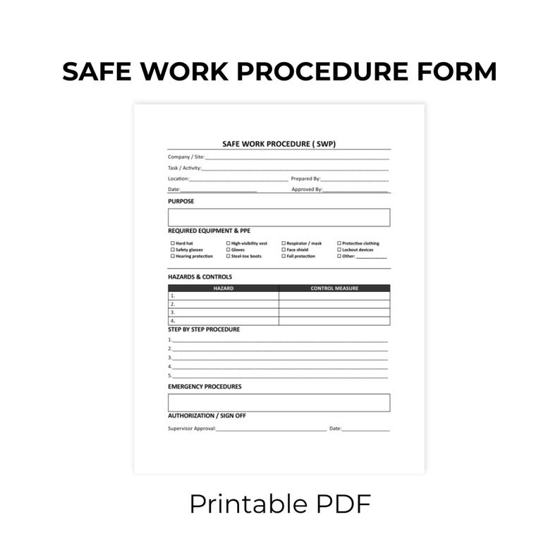 Safe Work Procedure SWP Form Printable PDF for Workplace Safety - Etsy