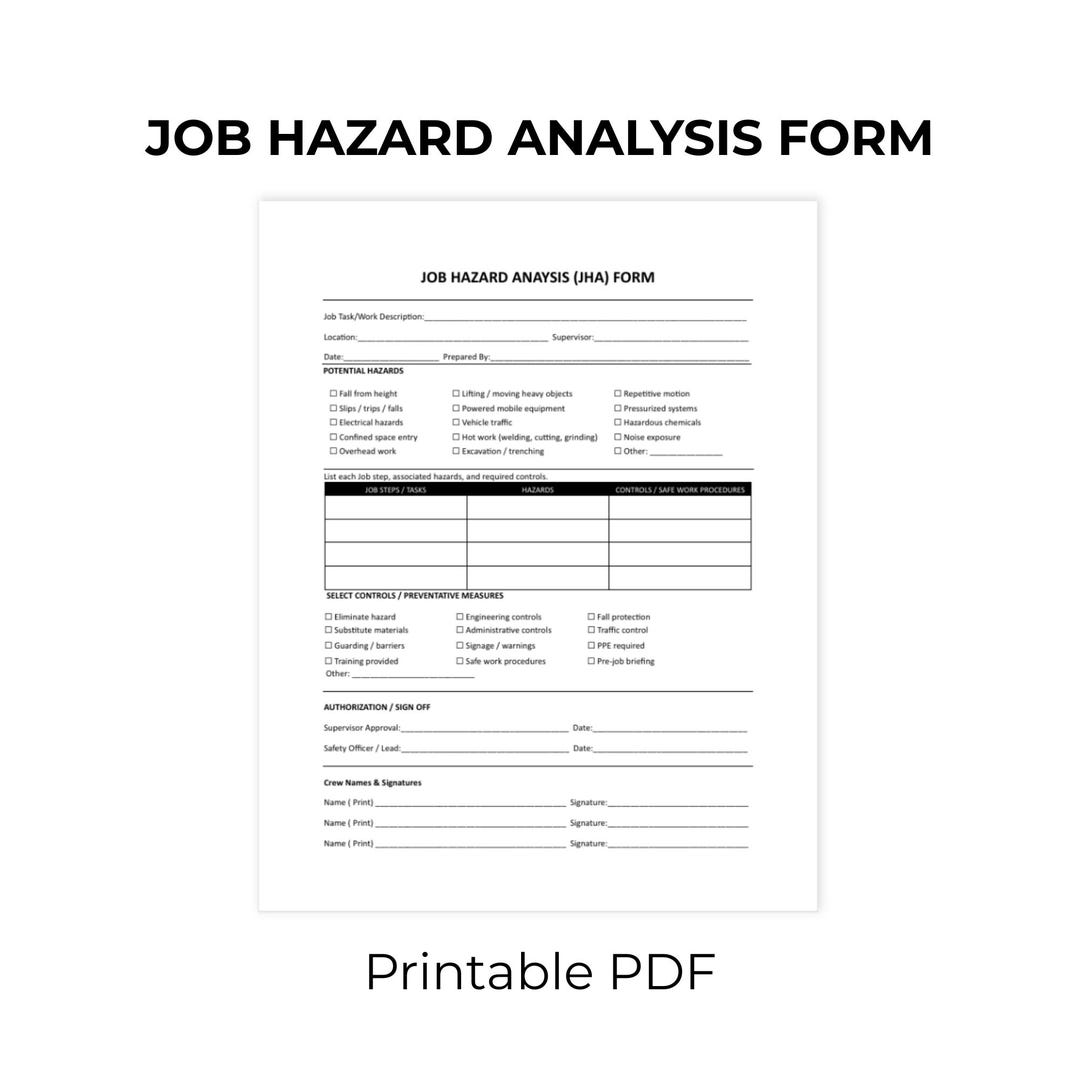 Job Hazard Analysis JHA Form Printable PDF for Workplace Safety - Etsy