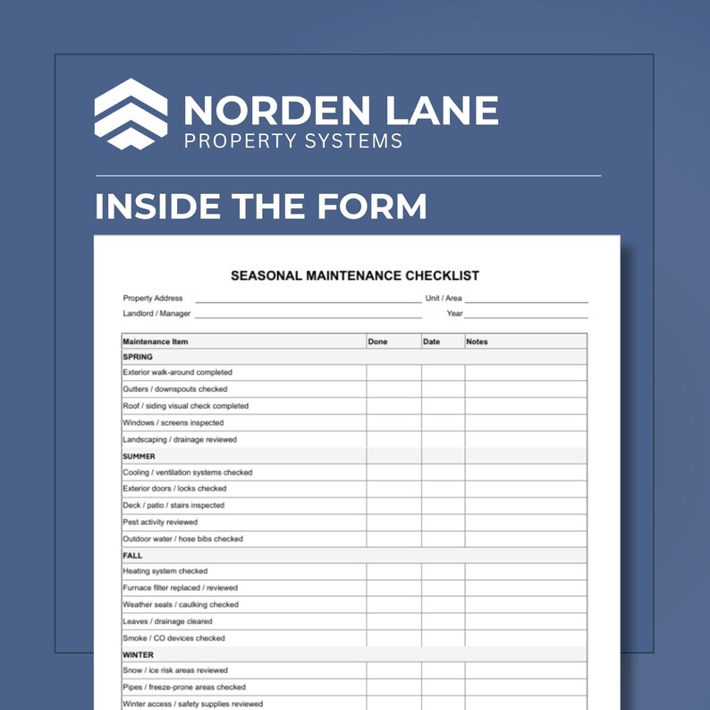 Seasonal Maintenance Checklist Editable Word PDF Landlord Inspection ...