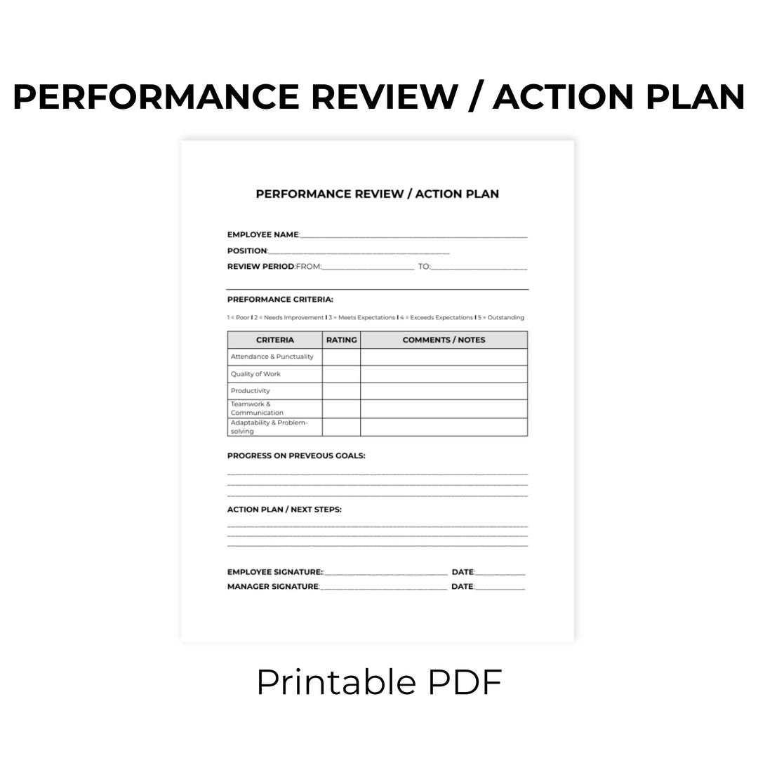 Performance Review Action Plan Printable PDF One Page Evaluation Form ...