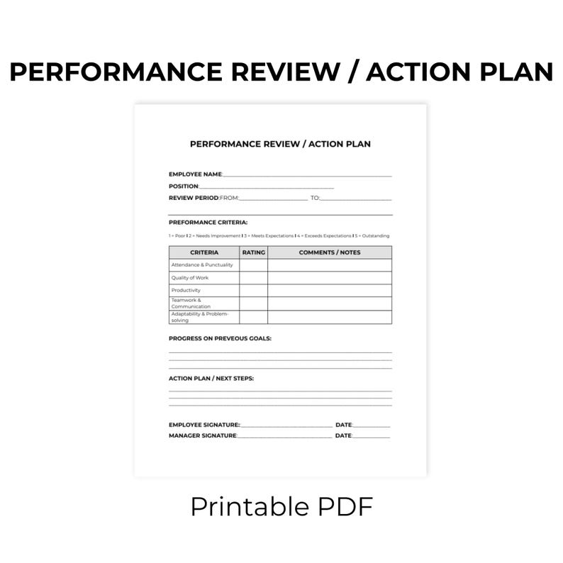 Performance Review Action Plan Printable PDF One Page Evaluation Form ...