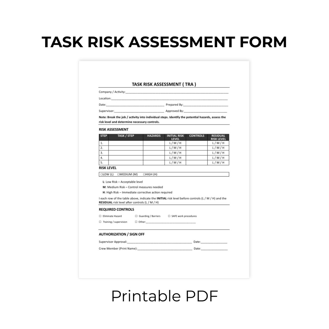 Task Risk Assessment TRA Form Printable PDF for Workplace Safety - Etsy ...