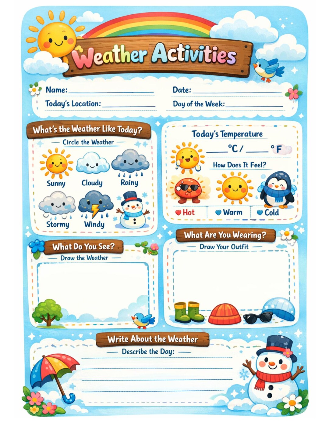 Weather Lesson Plan Worksheet for Kids Seasons & Weather Activities ...