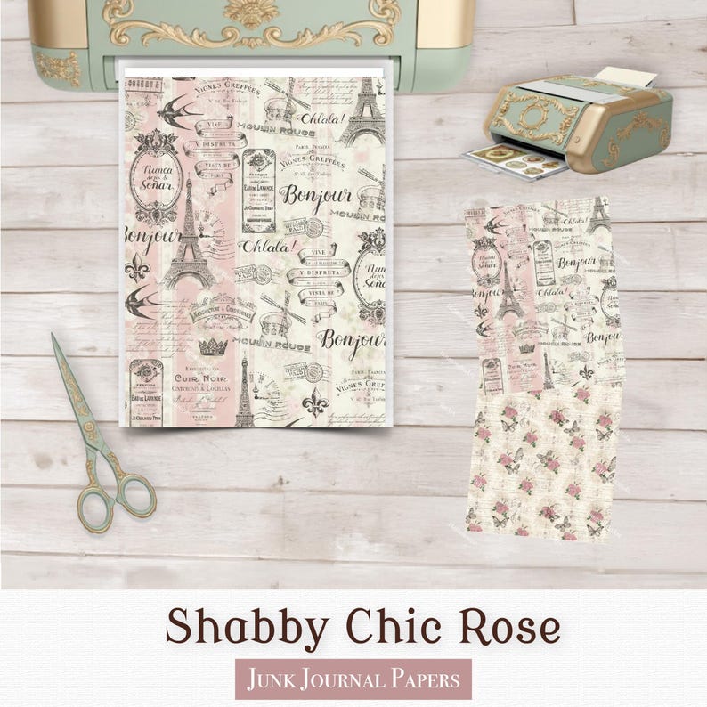 Shabby Chic Rose Digital Paper – Vintage Paris Eiffel Tower Ephemera ...