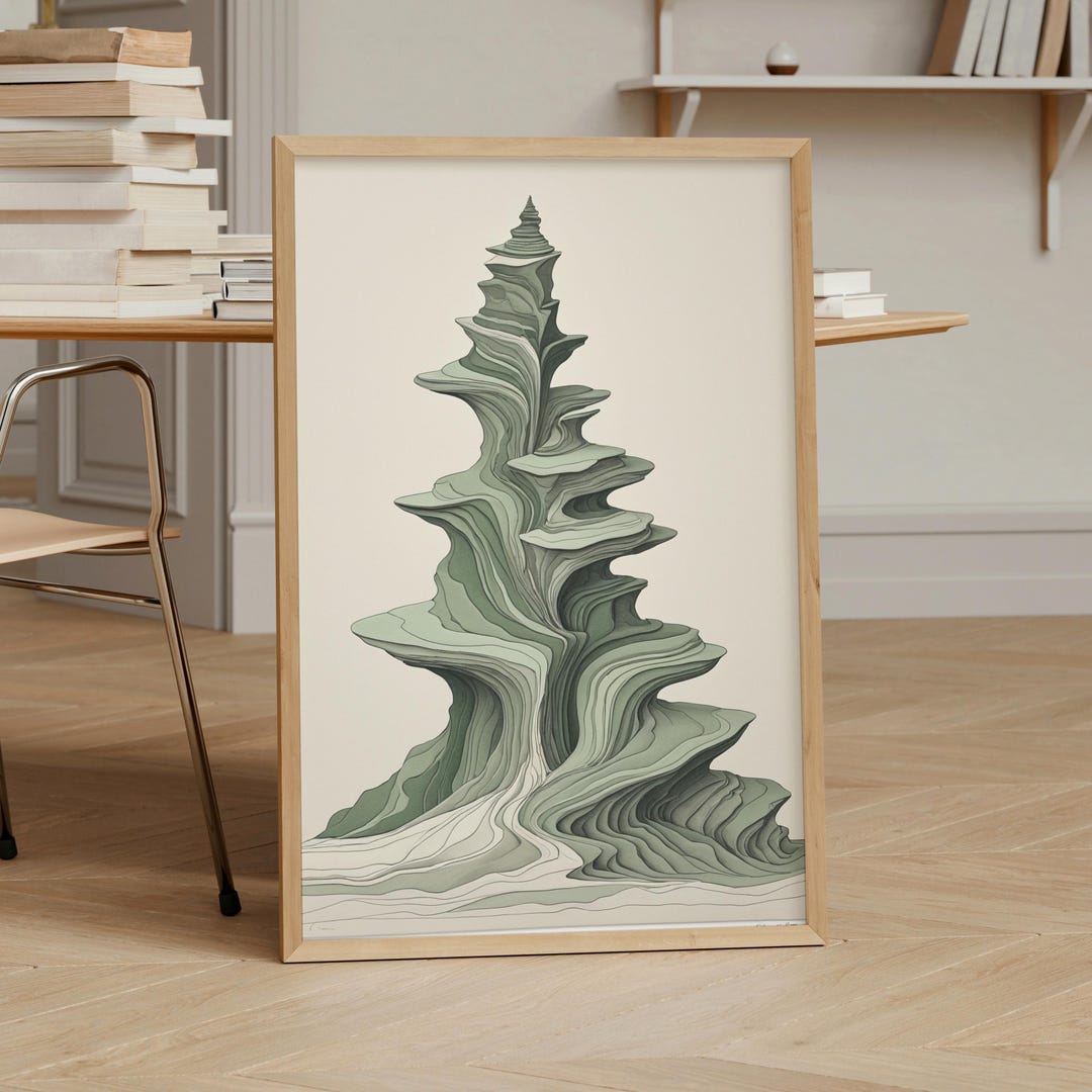 Conifer Tree Contour Art – Sage Green Topographic Illustration With ...